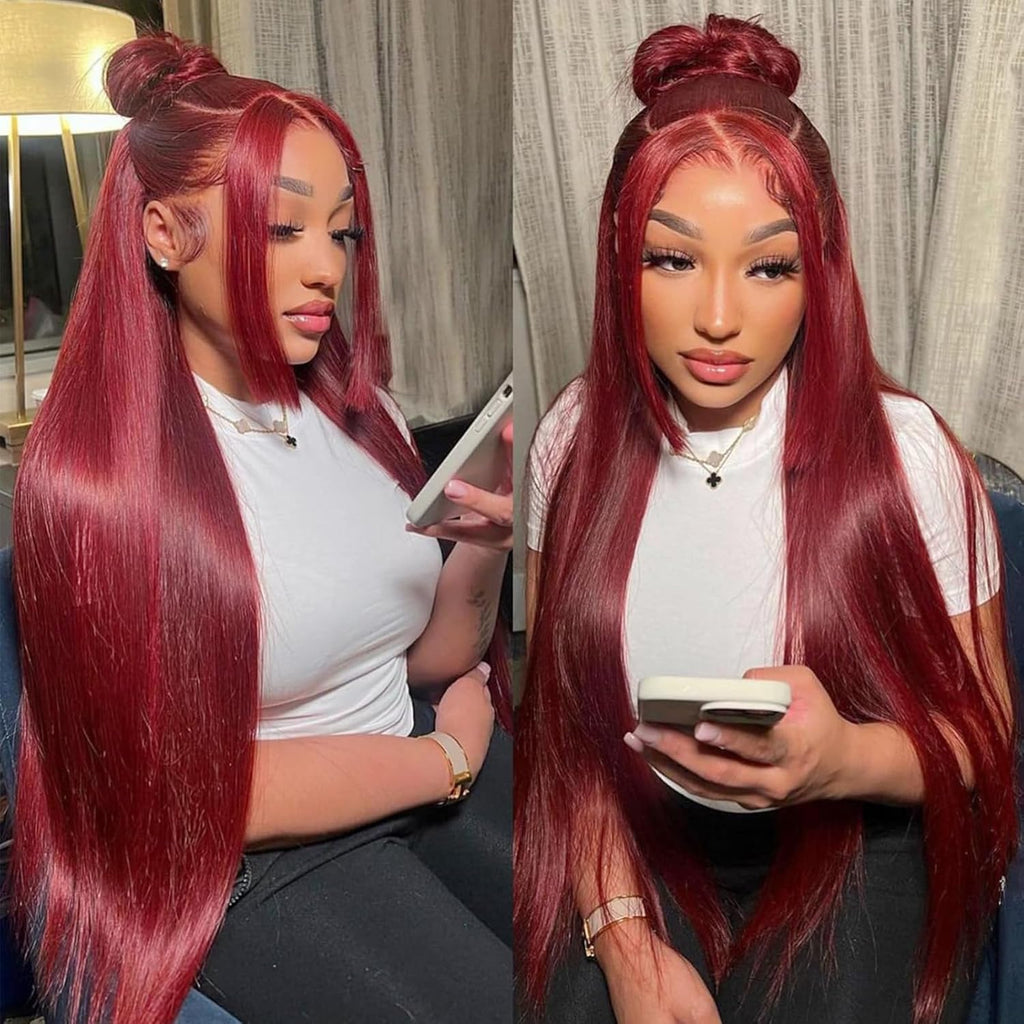 99J Red Colored Straight Wig Transparent Lace Front Human Hair Wigs Wi